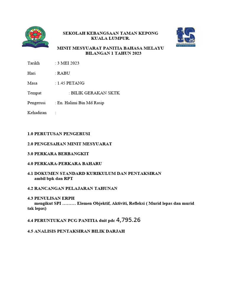 Tapak Minit Mesyuarat Panitia 1 2023 | PDF