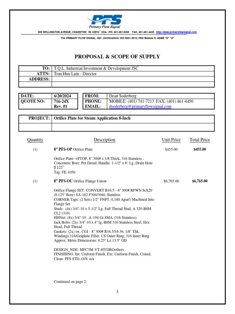 Q716-24X Rev-1 Orifice Plate For Steam Application 8-Inch | PDF