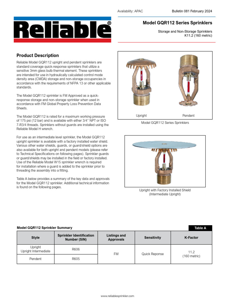Model GQR112 Series Sprinklers | PDF | Fire Sprinkler System | Bronze