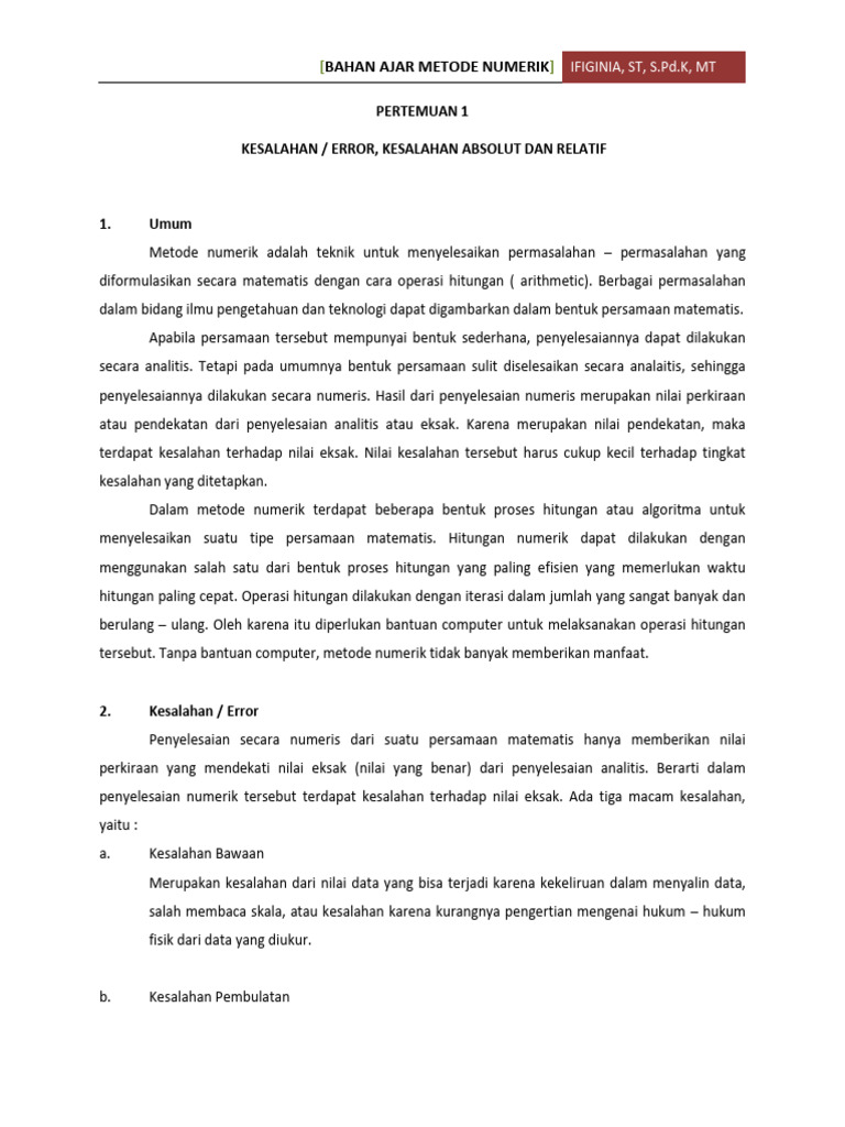 Bahan Ajar Metode Numerik Ifi-1 | PDF | Metode & Bahan Ajar