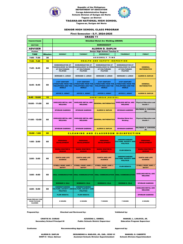 SHS Class Program 1ST Semester 2024 2025 | PDF | Welding | Construction