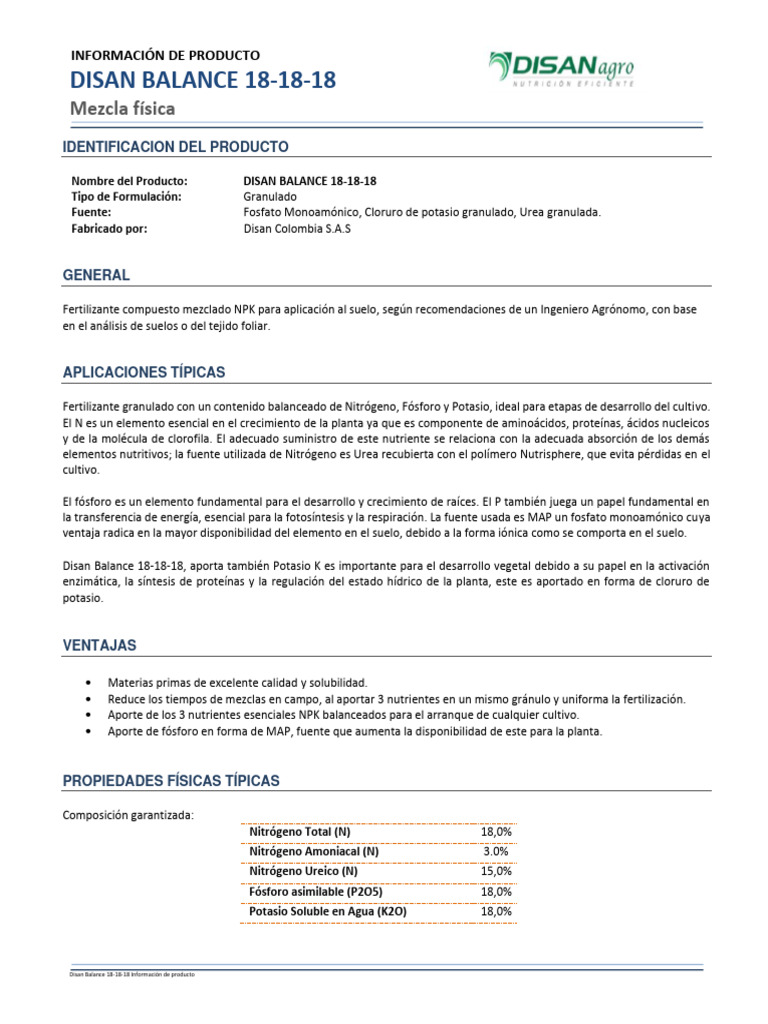 Disan Balance 18-18-18: Fertilizante NPK Granulado | PDF | Fertilizante ...