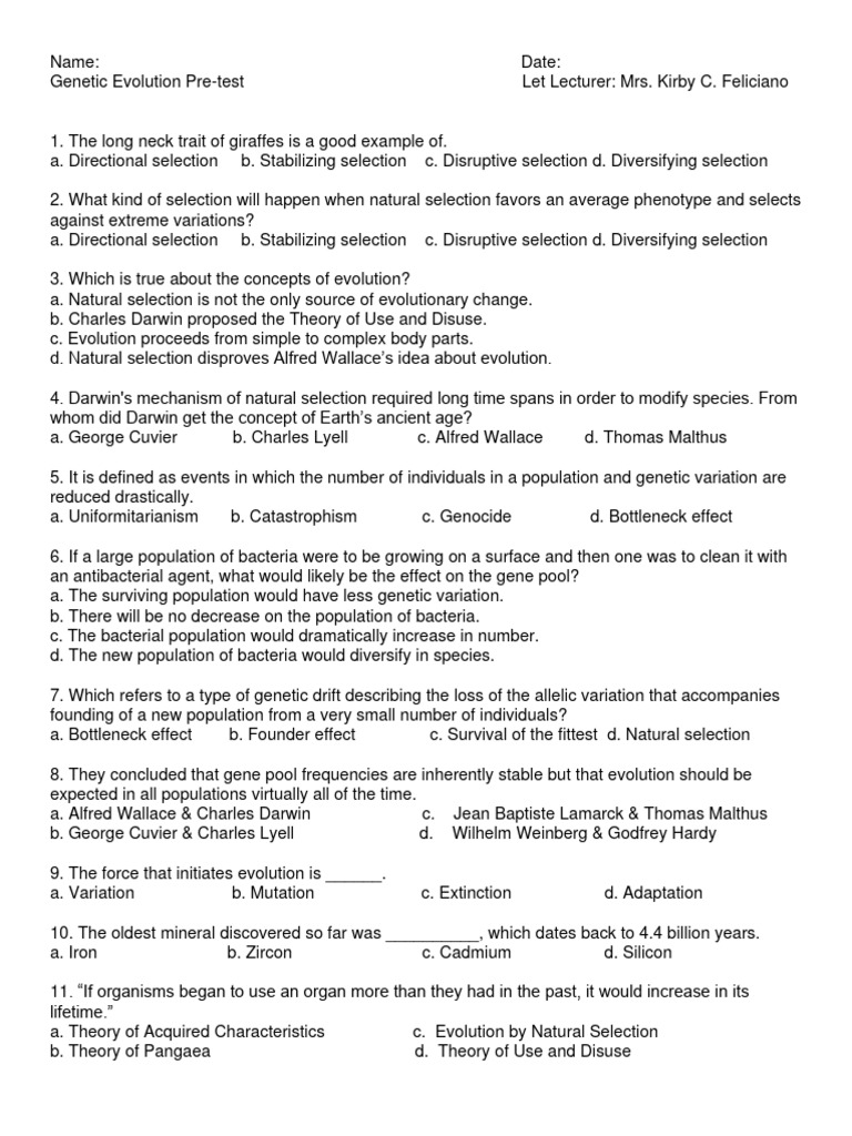 Genetic Evolution Pre-test Questions | PDF | Natural Selection | Evolution