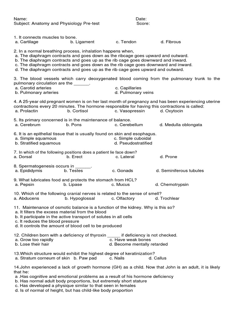 Anatomy and Physiology Pre-test Questions | PDF | Heart Valve | Blood