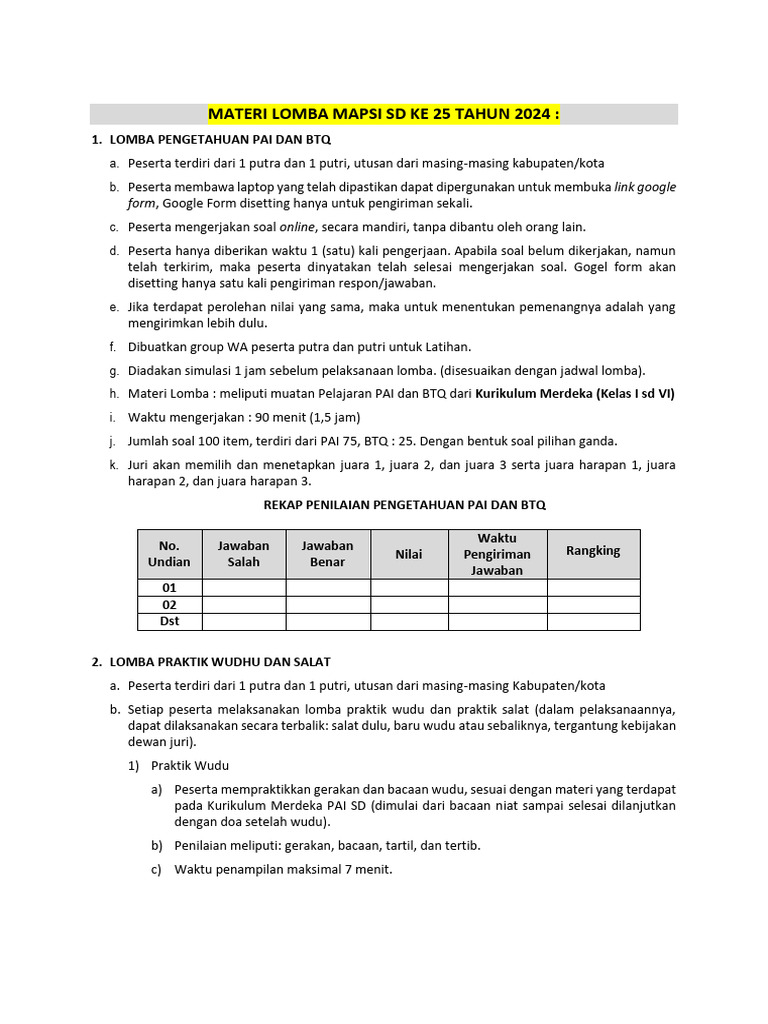 Materi Lomba MAPSI SD 2024 | PDF