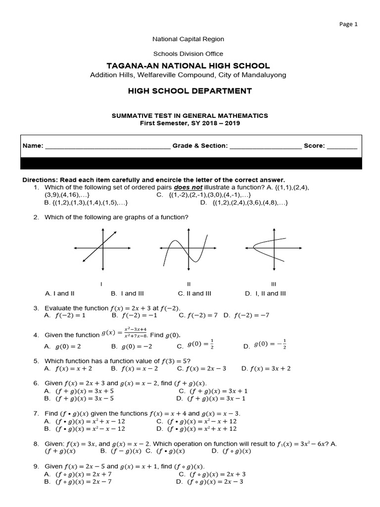 Summative Test in Gen Math 1 | PDF | Function (Mathematics) | Asymptote