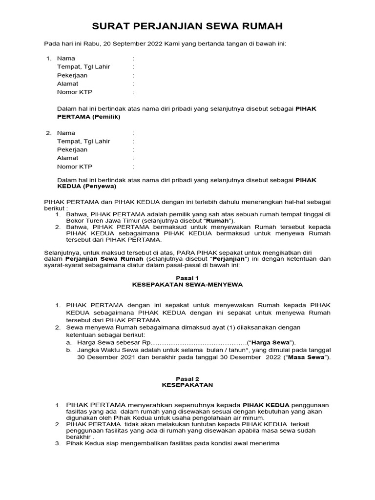 Surat Perjanjian Sewa Rumah | PDF