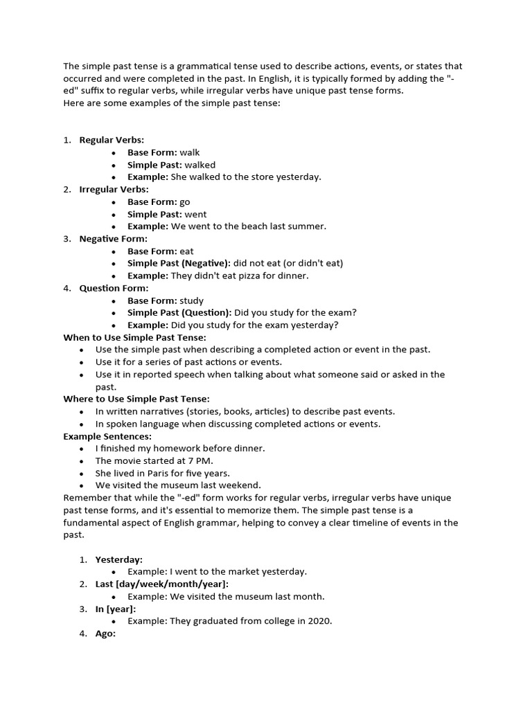 The Simple Past Tense Is A Grammatical Tense Used To Describe Actions ...