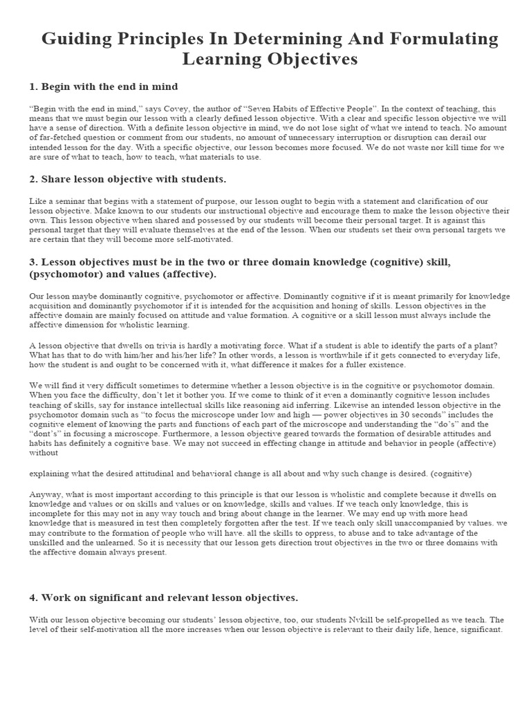 Guiding Principles in Determining and Formulating Learning Objectives ...