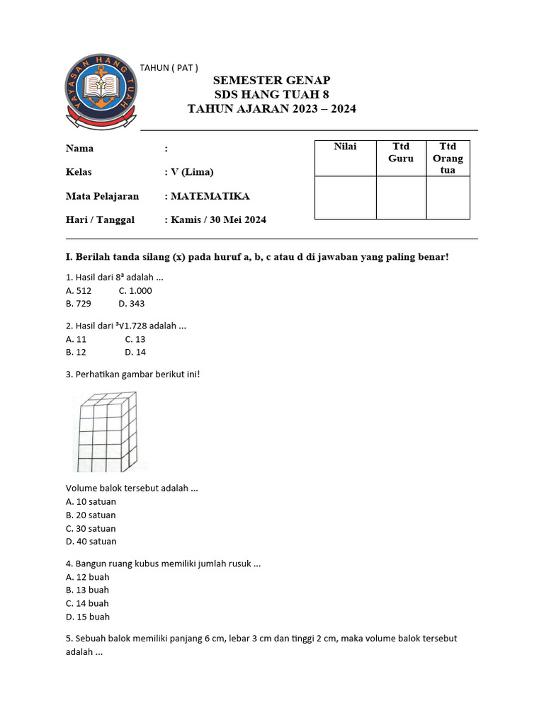 Soal Pat MTL Kls 5 SMT Genap | PDF