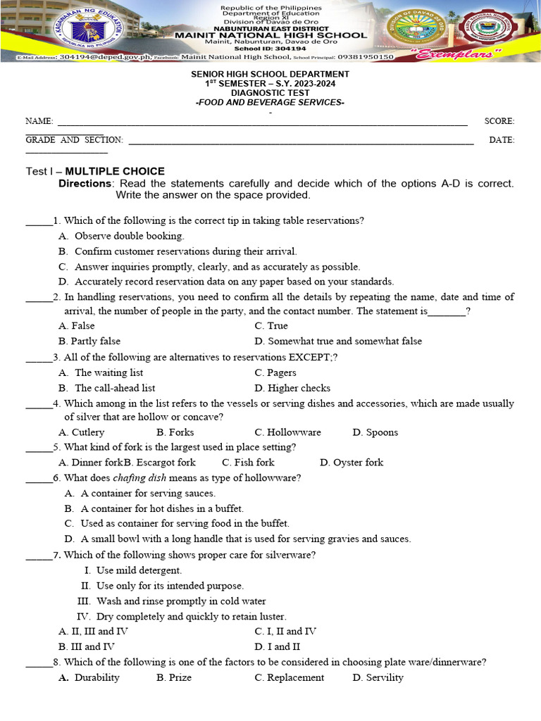 Food and Beverage Services Diagnostic Test | PDF | Tableware | Waiting ...