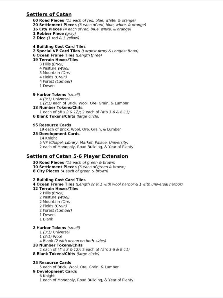 Catan List of Pieces | PDF