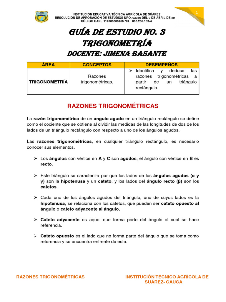 Guia No.3 Razones Trigono | PDF | Funciones trigonométricas | Triángulo