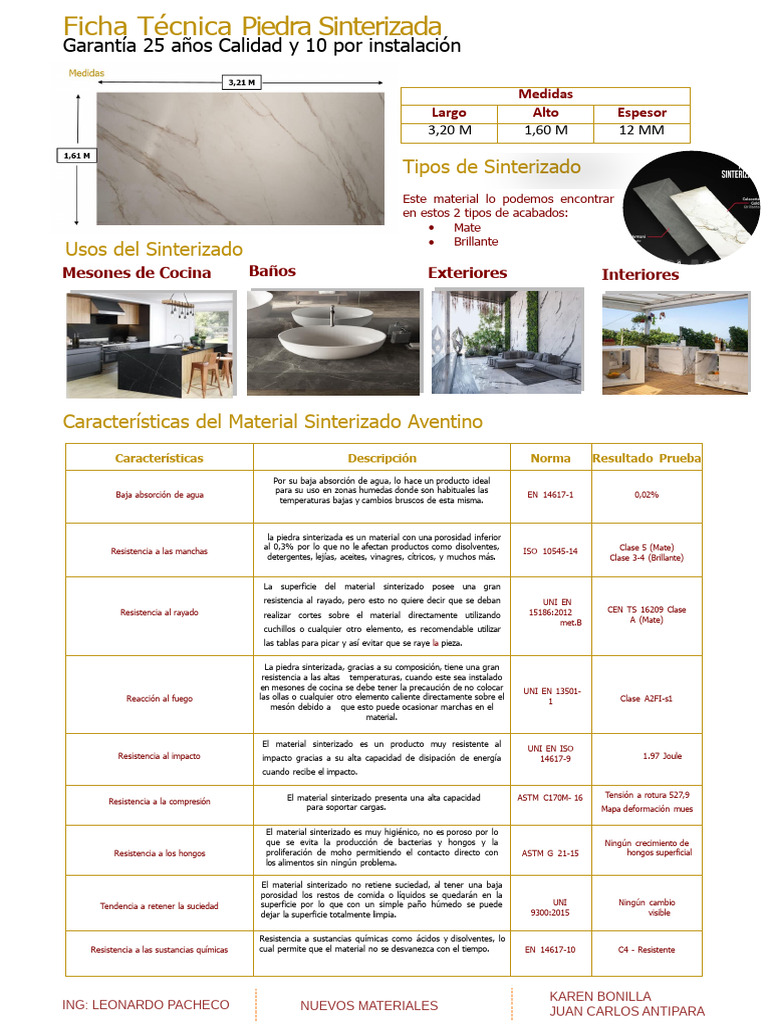 Ficha Técnica Piedra Sinterizada Unitropico | PDF | Química | Materiales