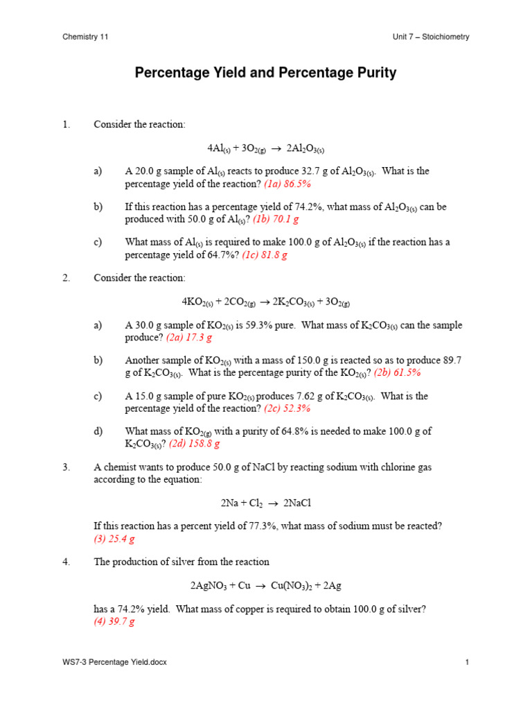 Percent Yield Percent Purity Worksheet | PDF | Process Engineering ...