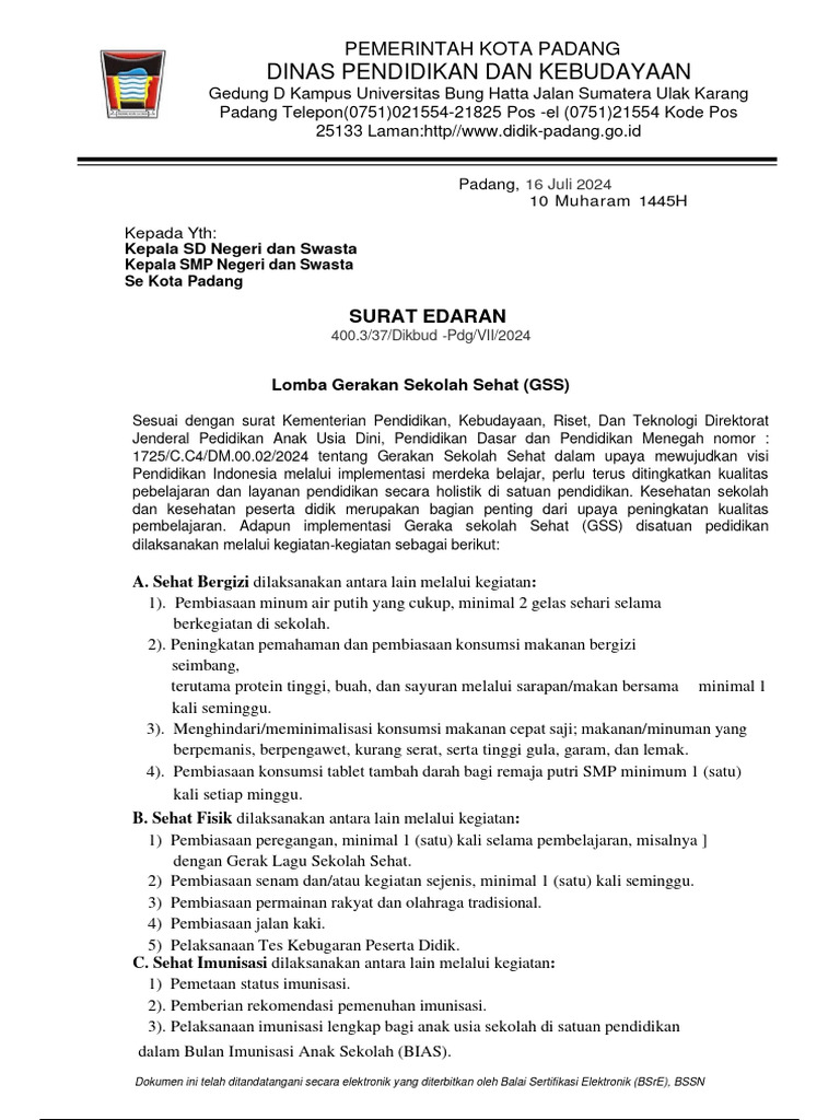 Surat Edaran Lomba Gerakan Sekolah Sehat (GSS) | PDF