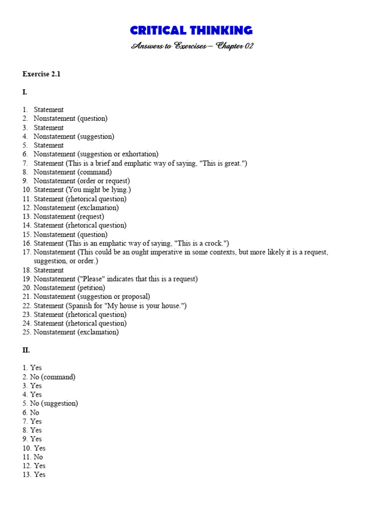 Critical Thinking Exercises Answers | PDF | Argument | Fallacy