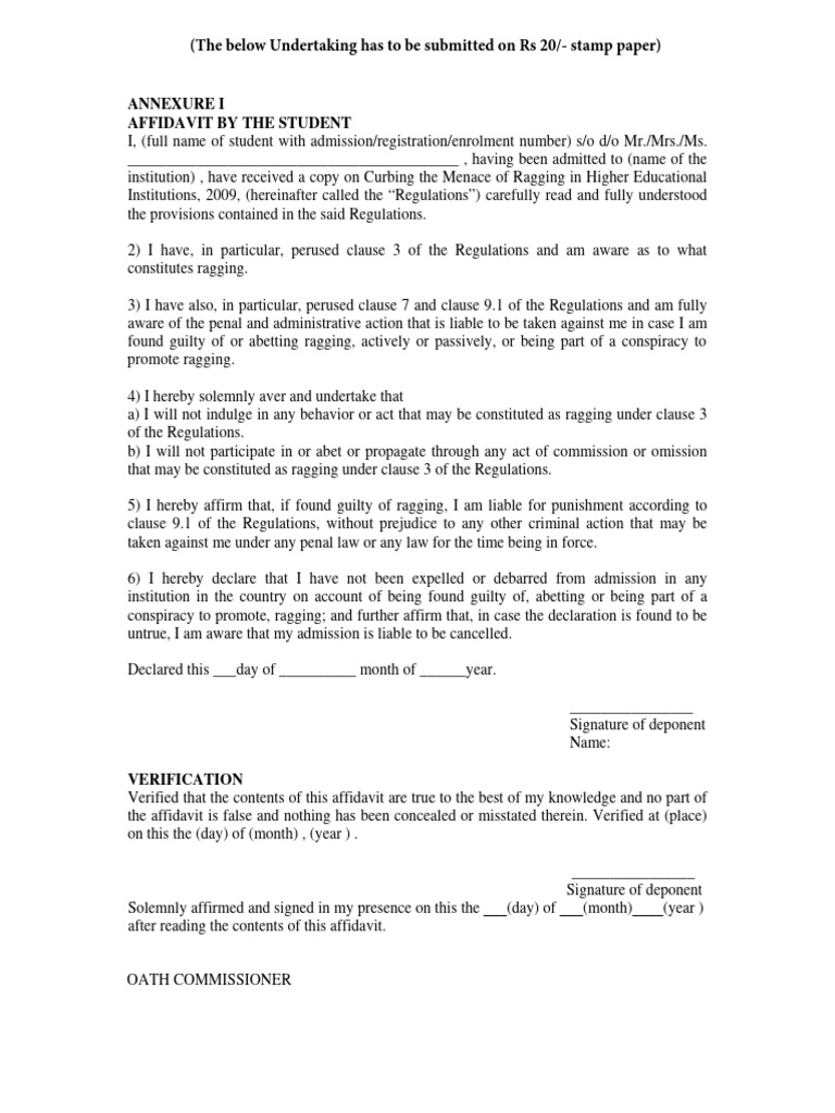 Anti-Ragging Affidavit for Students | PDF | Affidavit | Justice