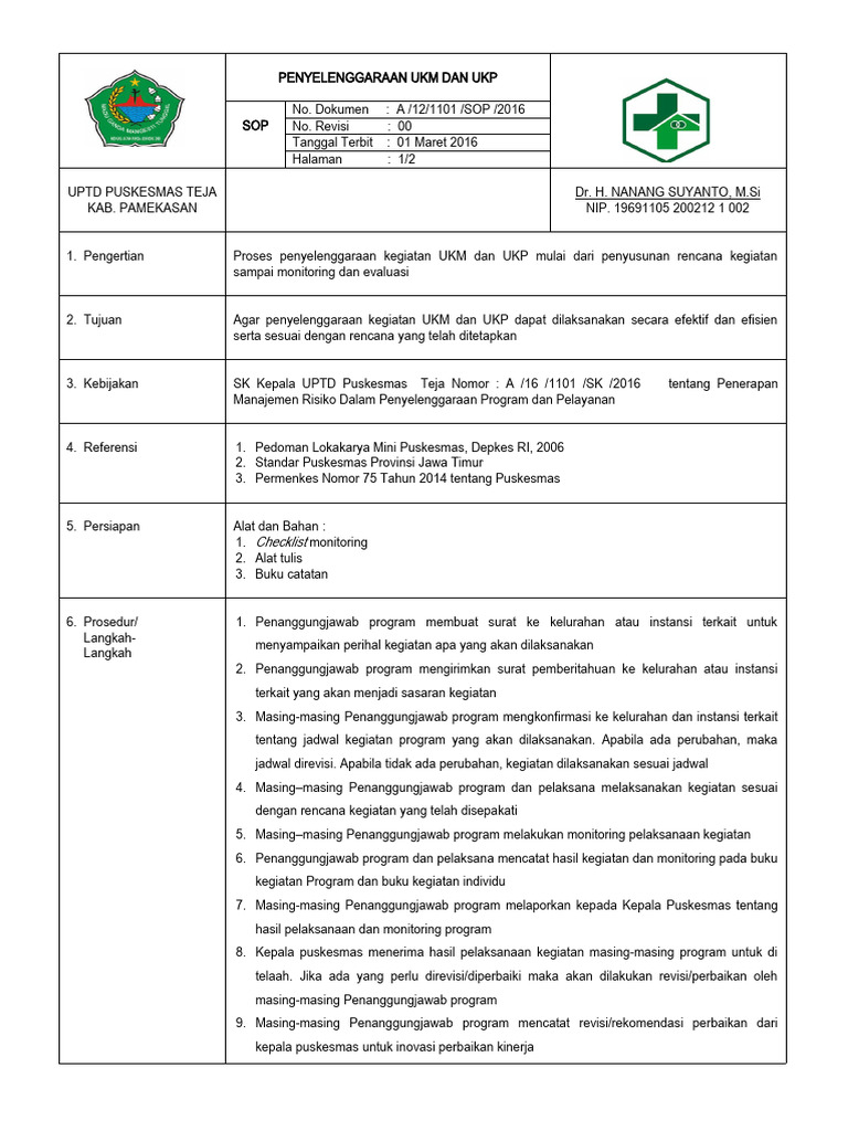 SOP Penyelenggaraan UKM dan UKP | PDF