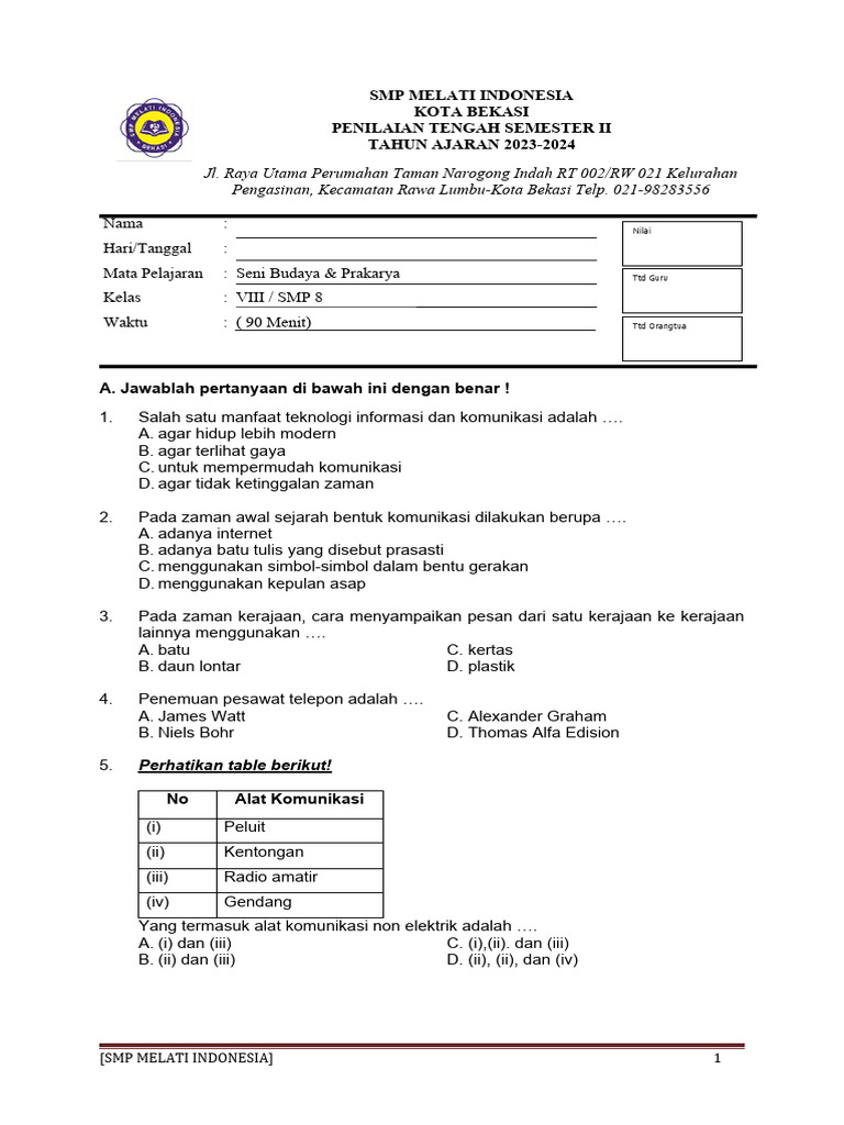 SOAL PTS 1 Prakarya KLS 8 2023-2024 | PDF
