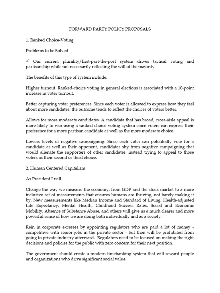 Forward Party Policy Proposals | PDF | Capitalism | Voting