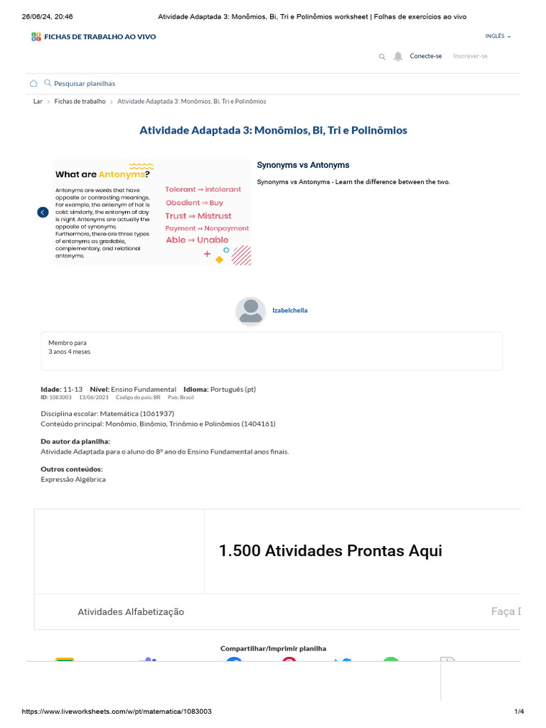 Atividade Adaptada 3 - Monômios, Bi, Tri e Polinômios Worksheet - Folhas de Exercícios Ao Vivo ...