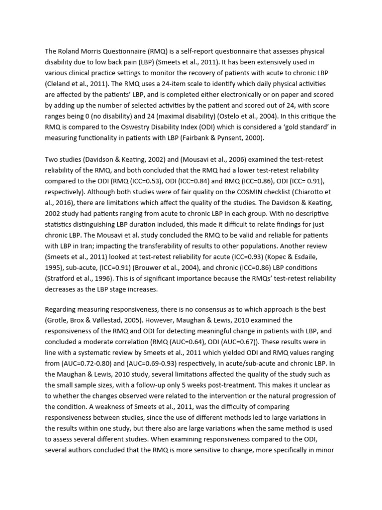 Roland Morris Questionnaire vs. ODI Analysis | PDF | Validity ...
