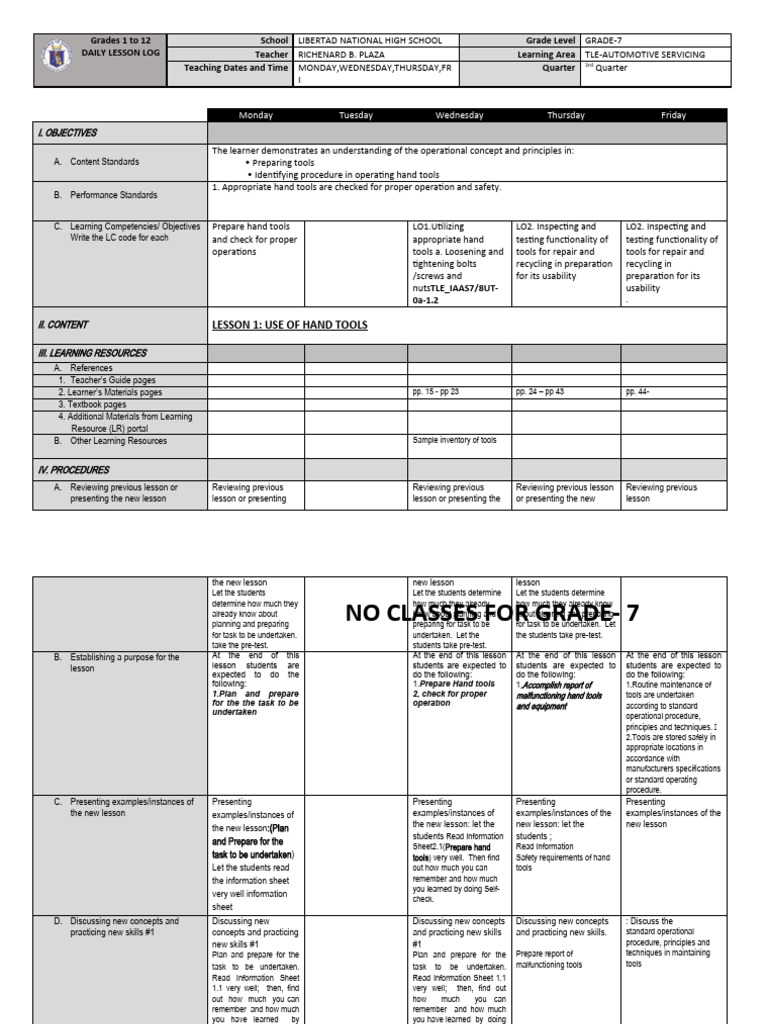 Grade 7 TLE Automotive Lesson Plan | PDF | Screw | Cognitive Science