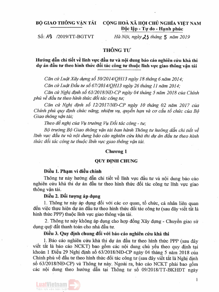 Thong Tu 19 2019 TT BGTVT Linh Vuc Dau Tu Theo Hinh Thuc Doi Tac Cong ...