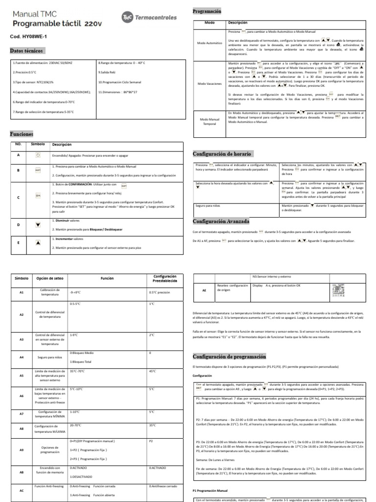 Manual Termostato Programable Tactil Imit TMC C | PDF | Termostato | Ingeniería Termodinámica