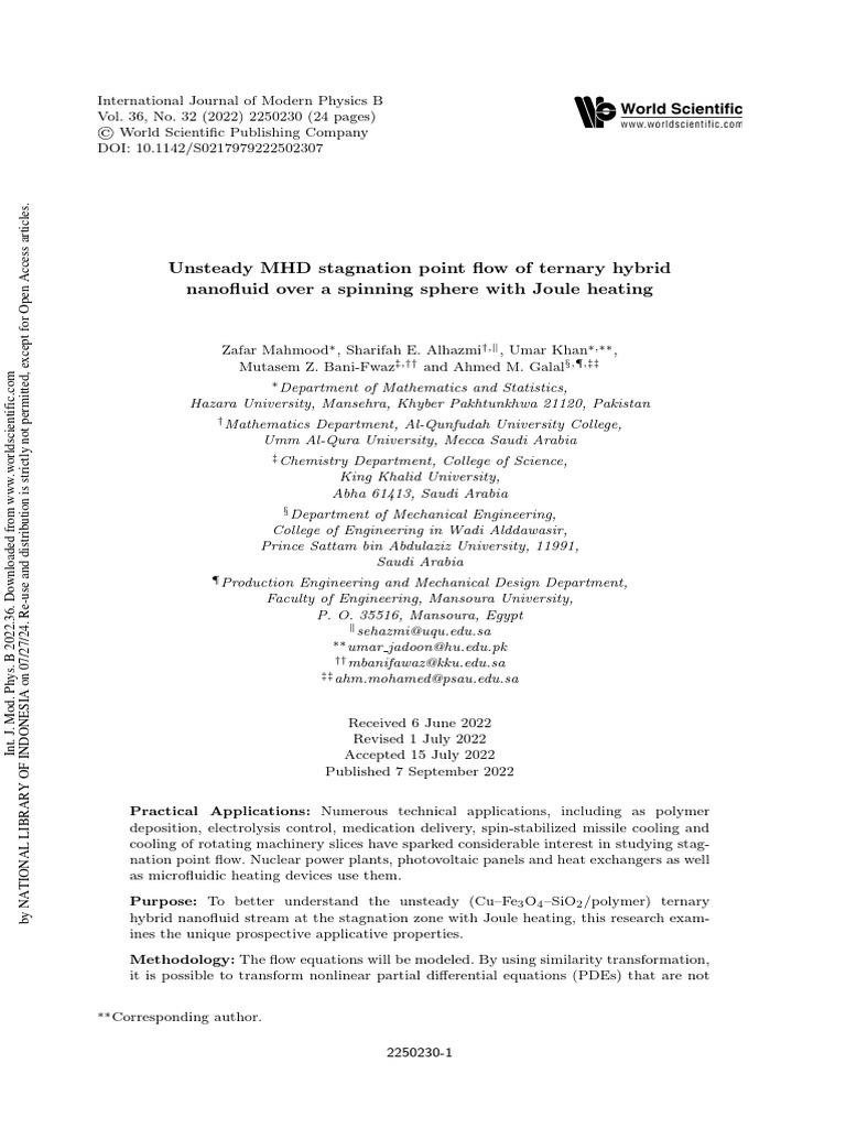 Unsteady MHD Flow of Hybrid Nanofluid | PDF | Fluid Dynamics | Heat Transfer