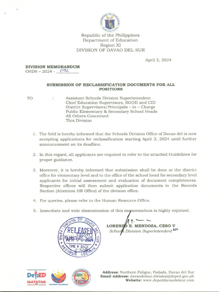 DM Osds 2024 092 Submission of Reclassification Documents For All Positions | PDF