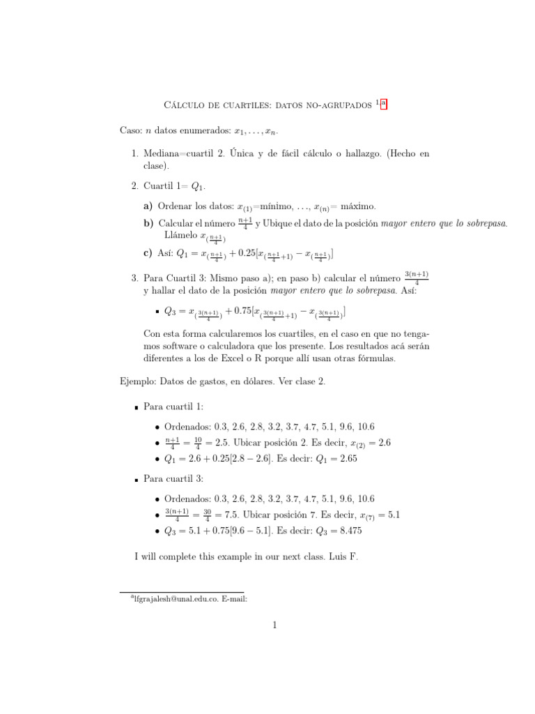 Cálculo de Cuartiles en Datos No Agrupados | PDF