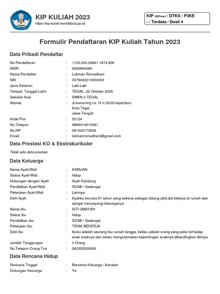 Formulir Peserta KIP Kuliah 2023 | PDF