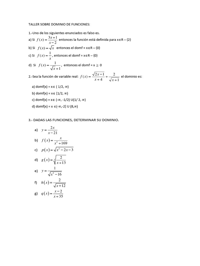 Taller No. 1 Sobre Dominio de Funciones y Características de Una Función | PDF | Función ...