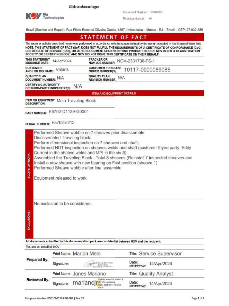 Valaris - DS15 - SOF - Main Traveling Block | PDF