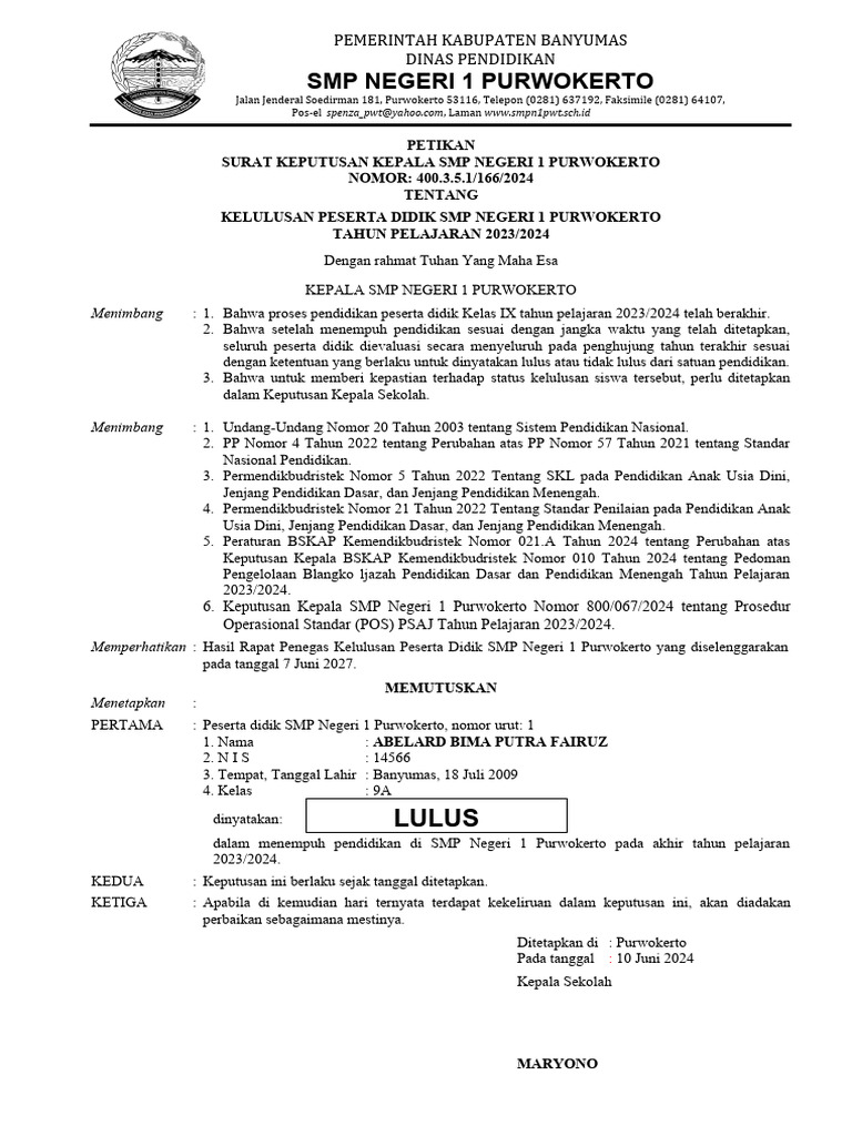 Contoh SK Kelulusan (Petikan) | PDF