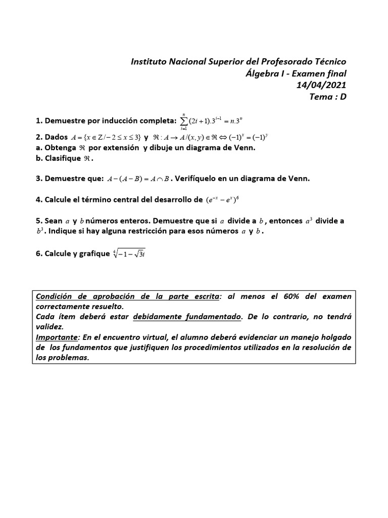Álgebra I Final 14-04-2021 - Tema D | PDF