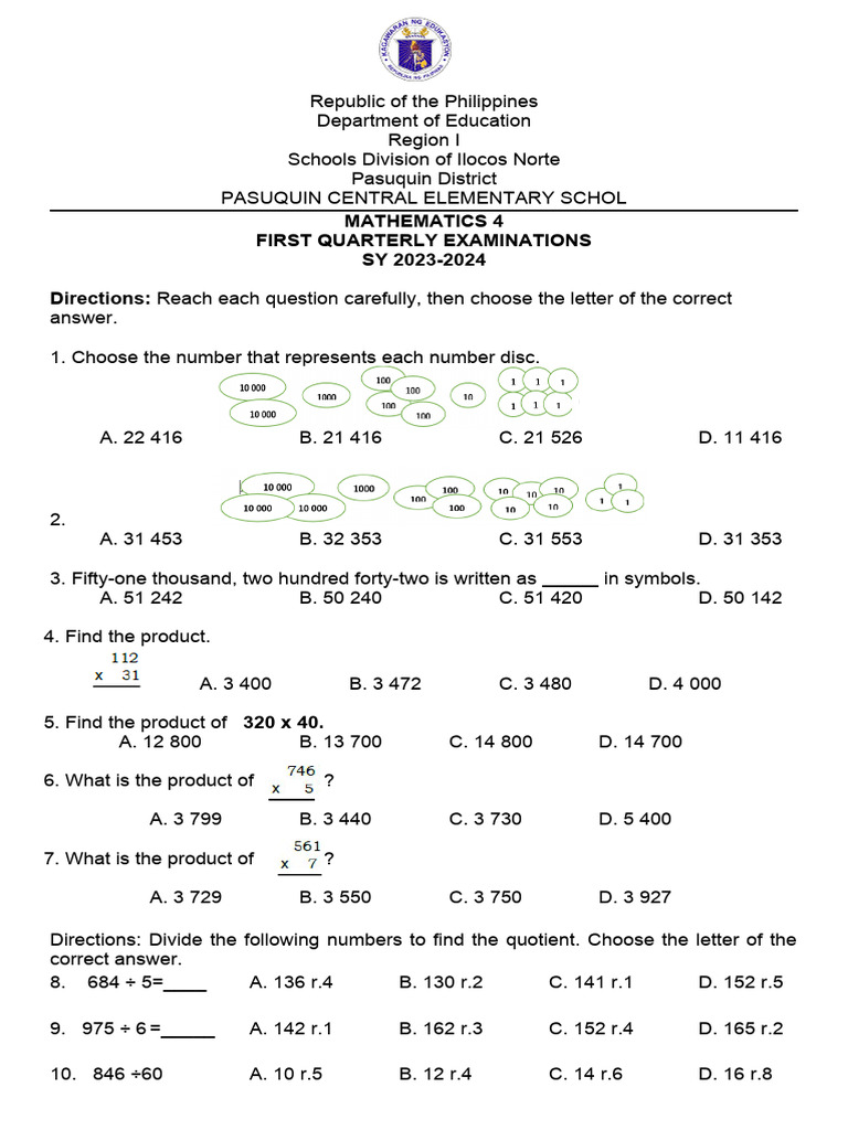 1ST Quarter PT Math 4 | PDF | Mathematics | Arithmetic