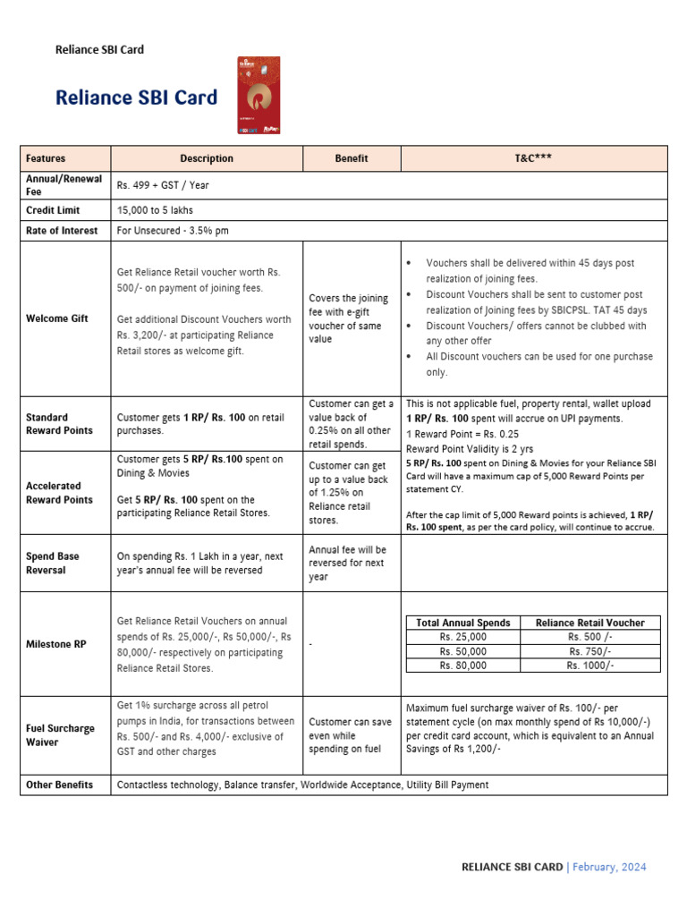 One Pager Reliance SBI Card (Base) February 2024 (Updated) | PDF ...
