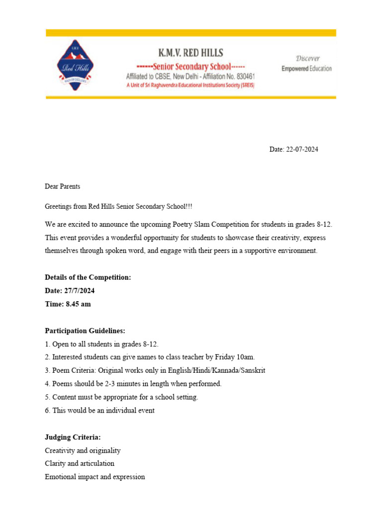 Poetry Slam Competition for Grades 8-12 | PDF