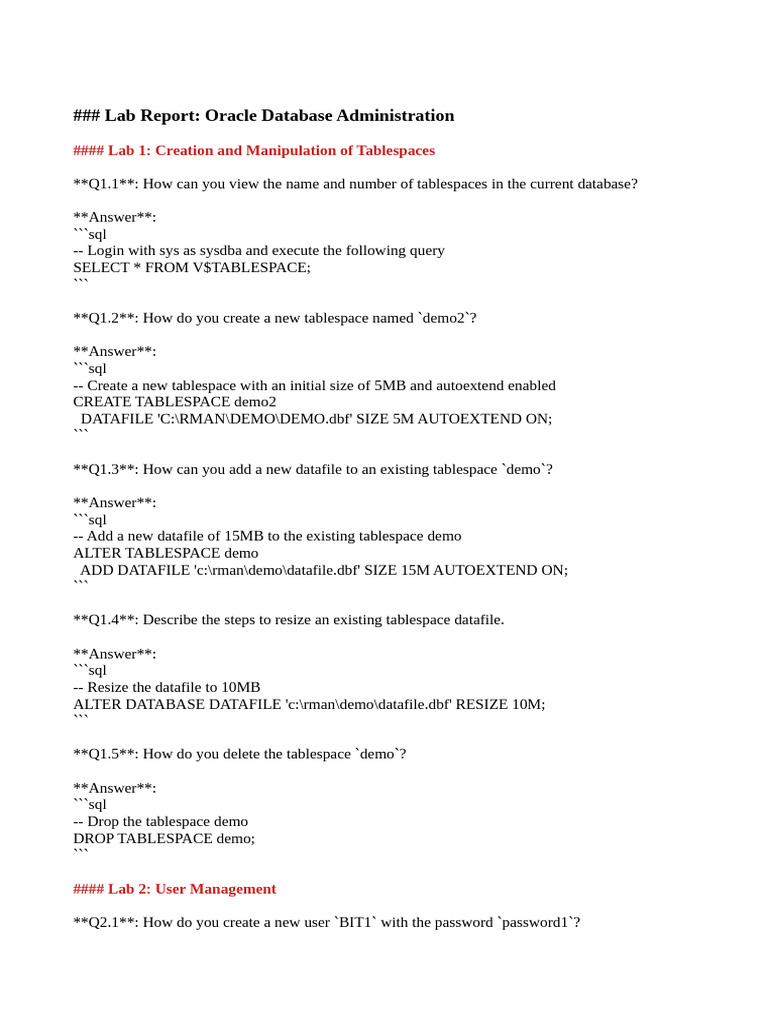 Lab Report DBA | PDF | User (Computing) | Databases