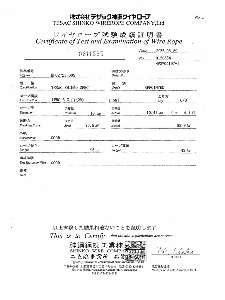 Wire Rope Test Certificate 2022 | PDF