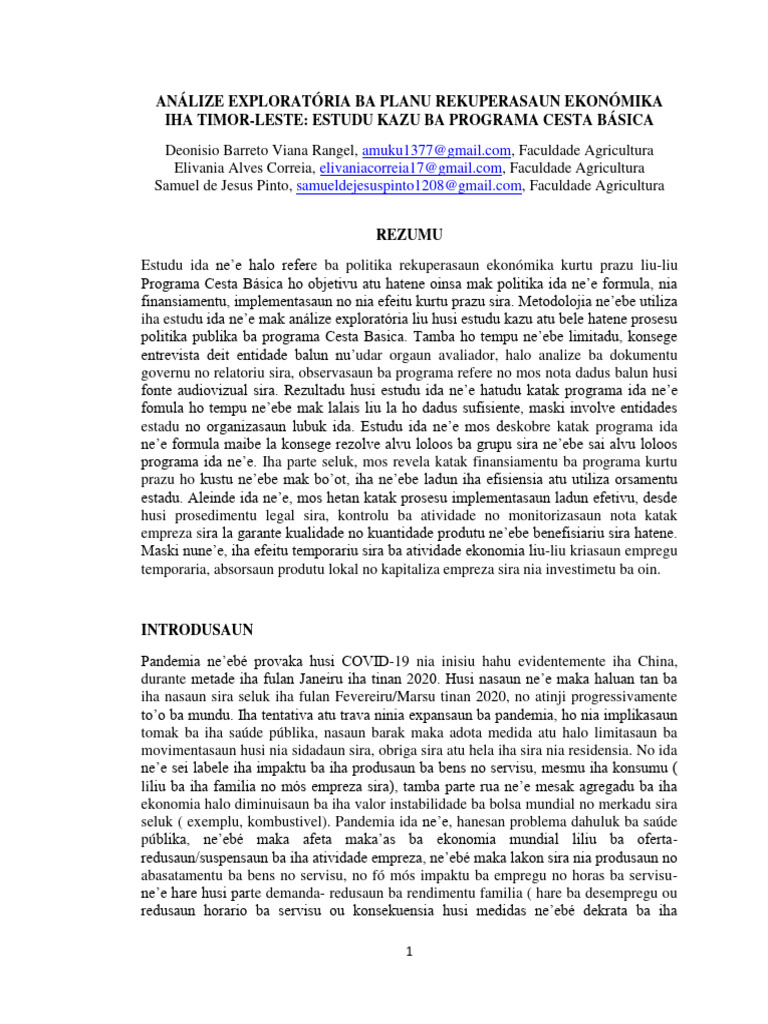 Análize Exploratória Ba Planu Rekuperasaun Ekonómika Iha Timor-Leste: Estudu Kazu Ba Programa ...