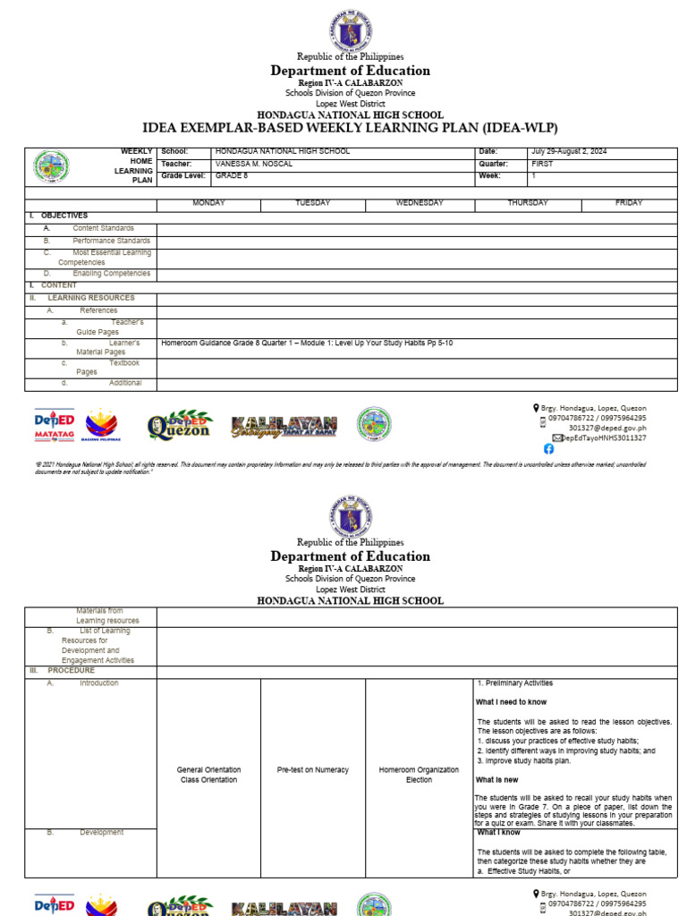HNHS Matatag Kalilayan-Template-Whlp Week1 | PDF | Learning | Behavior Modification
