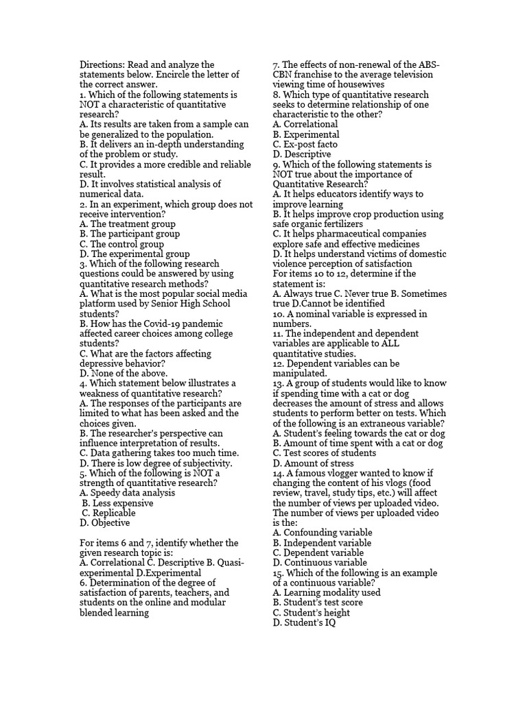 Quiz 1 | PDF | Quantitative Research | Experiment