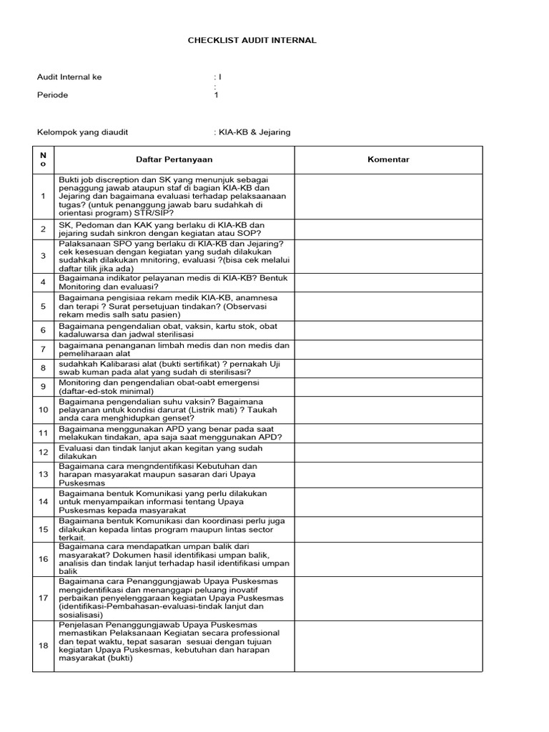 Checklist Audit Internal KIA-KB dan Jejaring | PDF | Bisnis