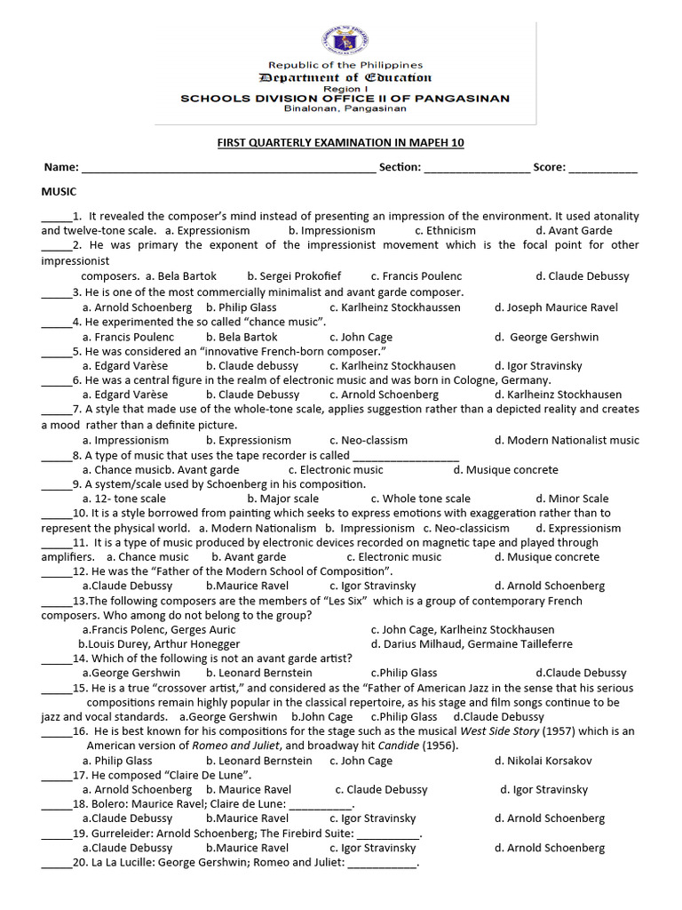 Q1-Exam-G10 Without Key Answer | PDF | Paintings | Health Care