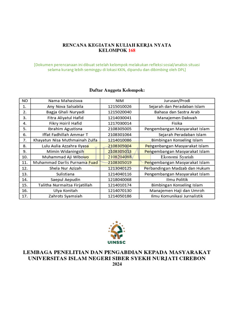 LAPORANKelompok 168 - Rencana Kegiatan KKN 2024 | PDF