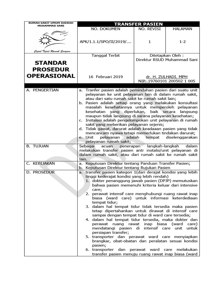 Akp 1.1 Spo Transfer Pasien 2022 | PDF